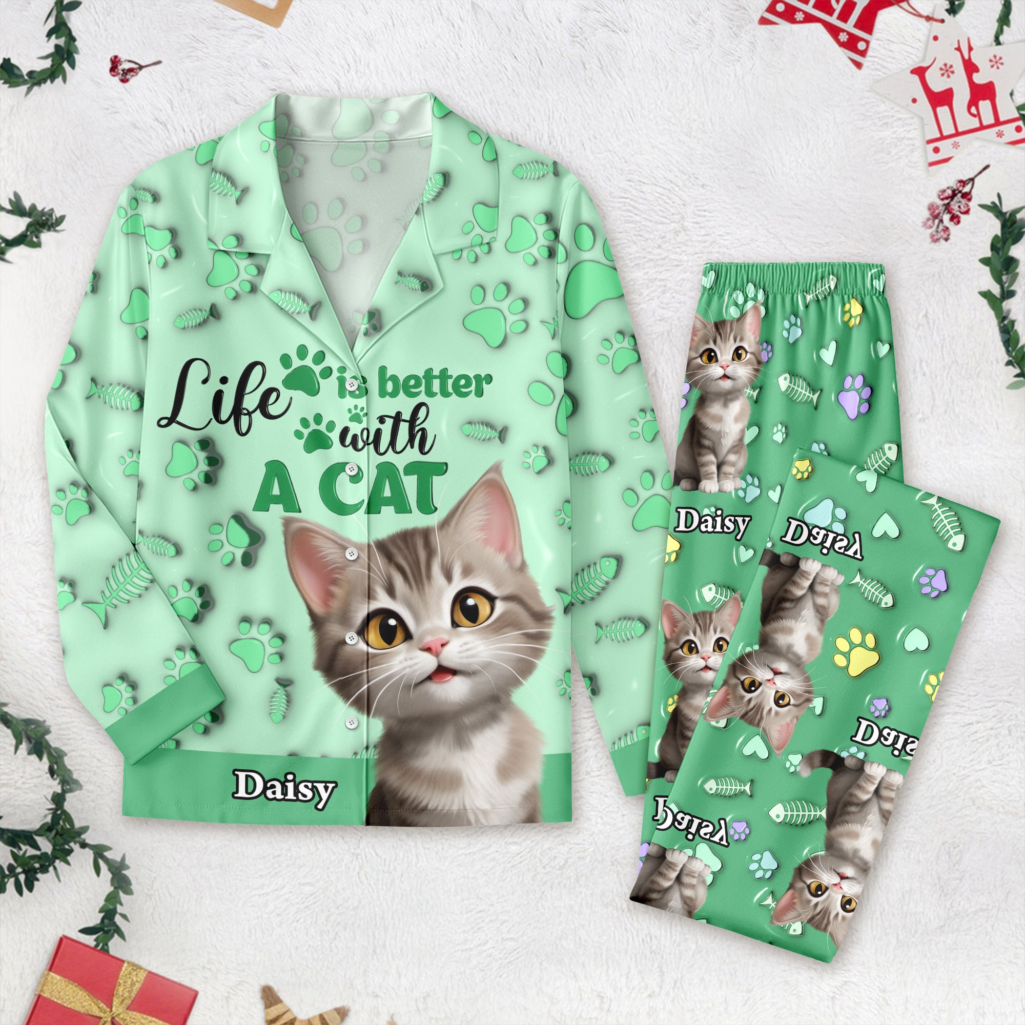 Custom Cat Name Life Is Better With Cats 3D Effect Pajamas ...