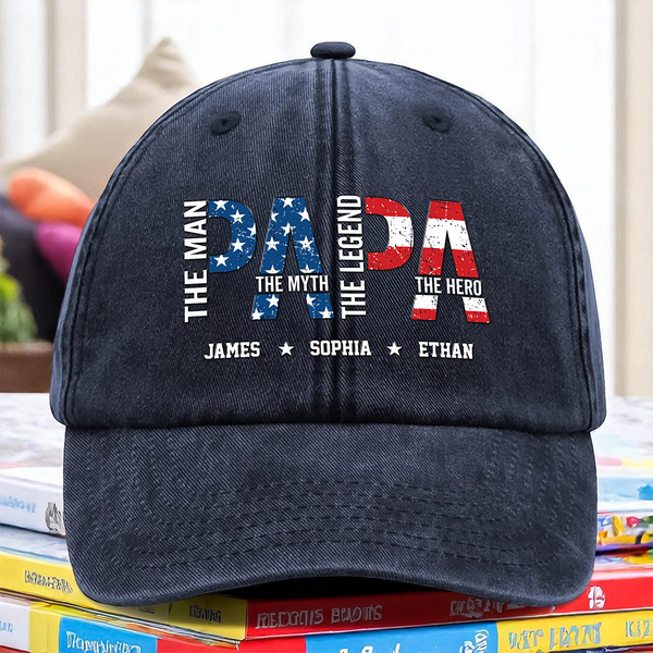 Papa The Man The Myth - Personalized Washed Denim Baseball Cap ...