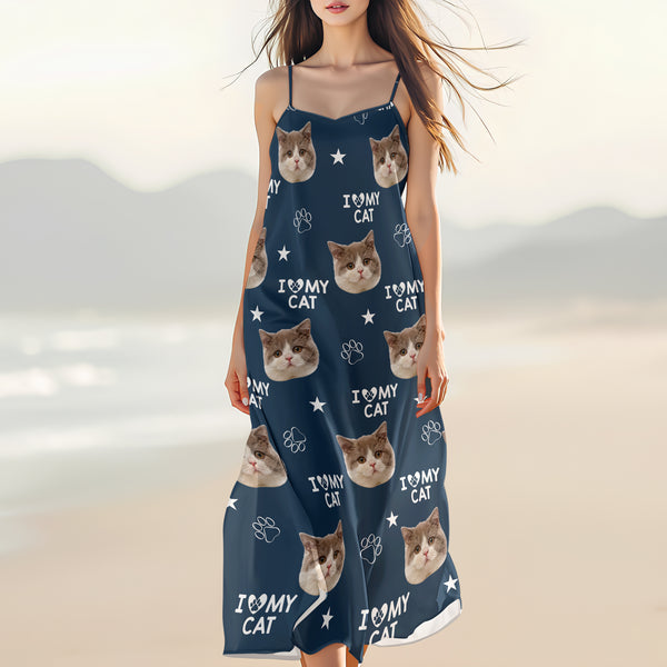 Custom Photo and Name I Love My Cats V-Neck Cami Maxi Dress For Cat ...