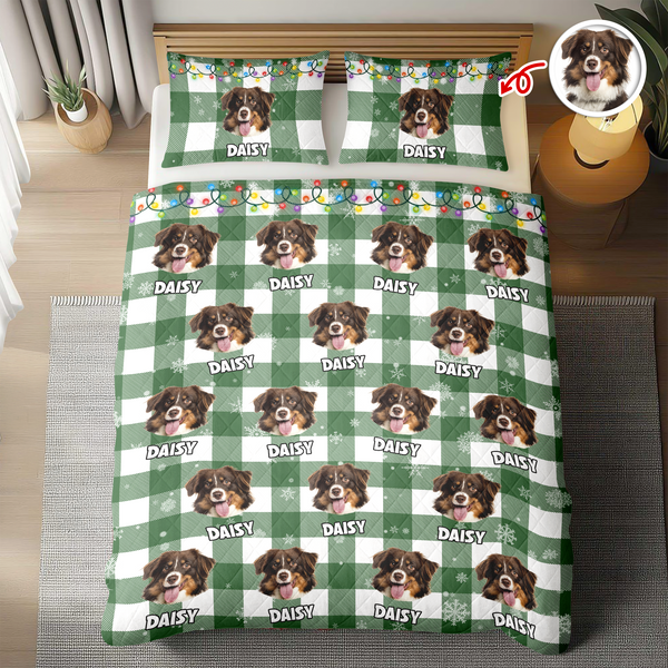 Custom Dog Photo Name Snow Christmas Light Holiday Bedding Set ...