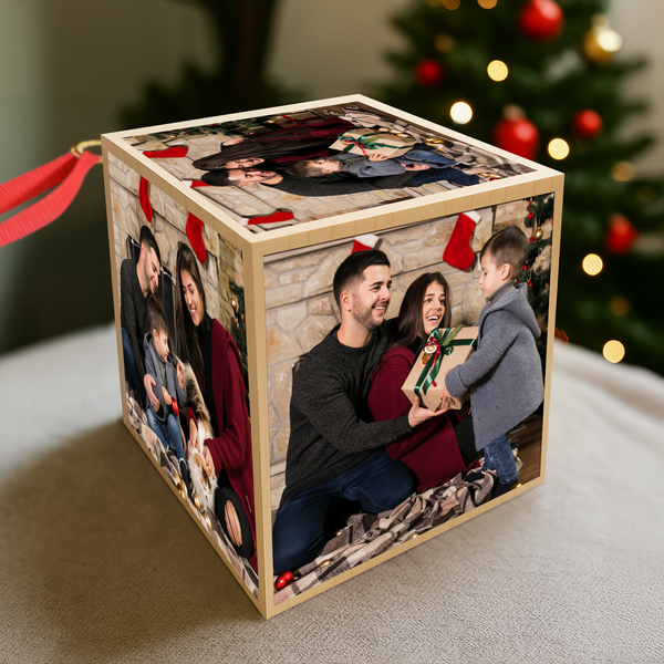Custom Family Photo Merry Christmas Cube Ornament - Geckocustom.com