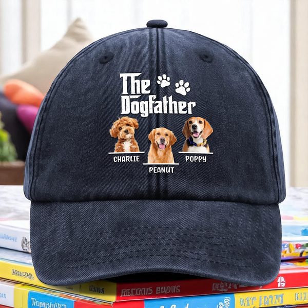 Custom Dog Photo The Dog Father Washed Denim Baseball Cap Gift For ...