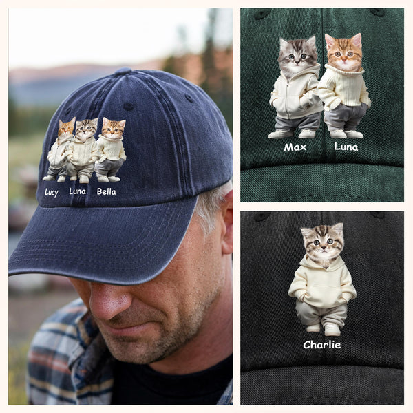 Custom Photo And Name Cat Washed Denim Baseball Cap For Cat Pet Lover ...