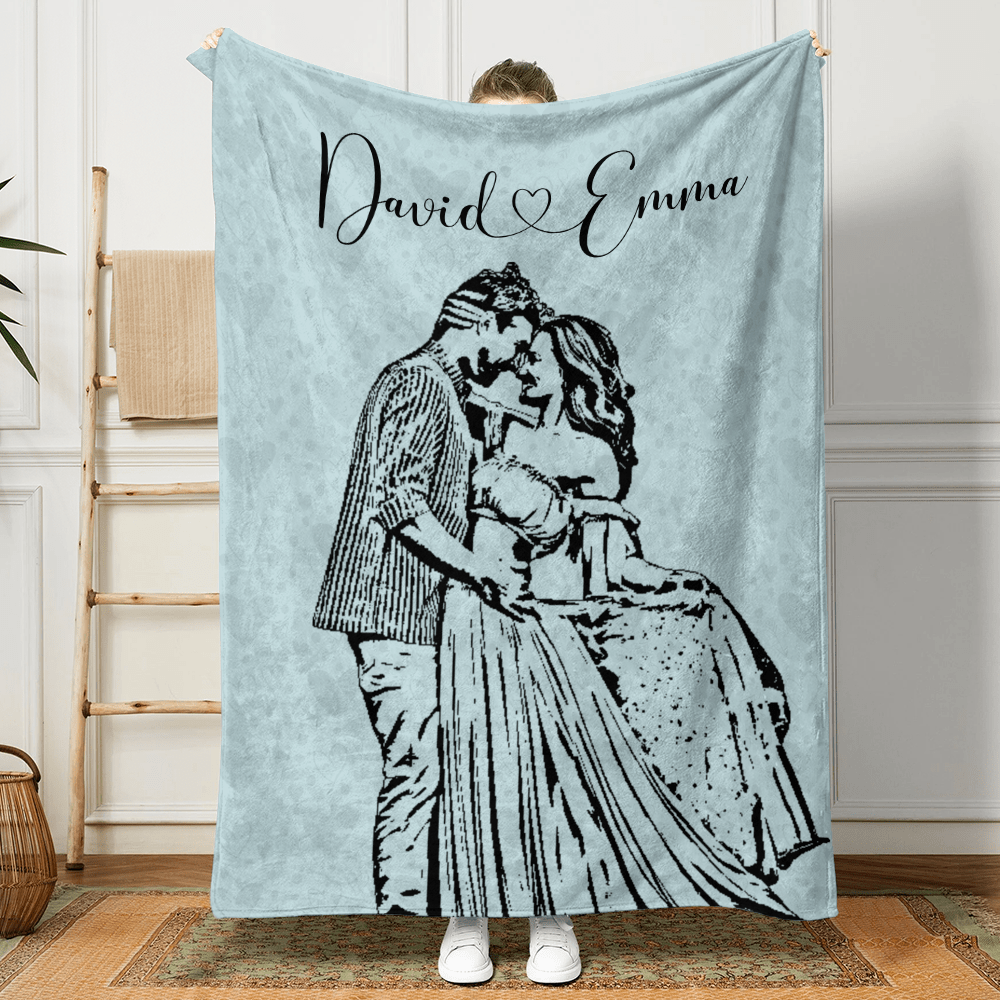 Custom Couple Photo with Name Pencil Drawing Blanket For Couple LM32 8 ...