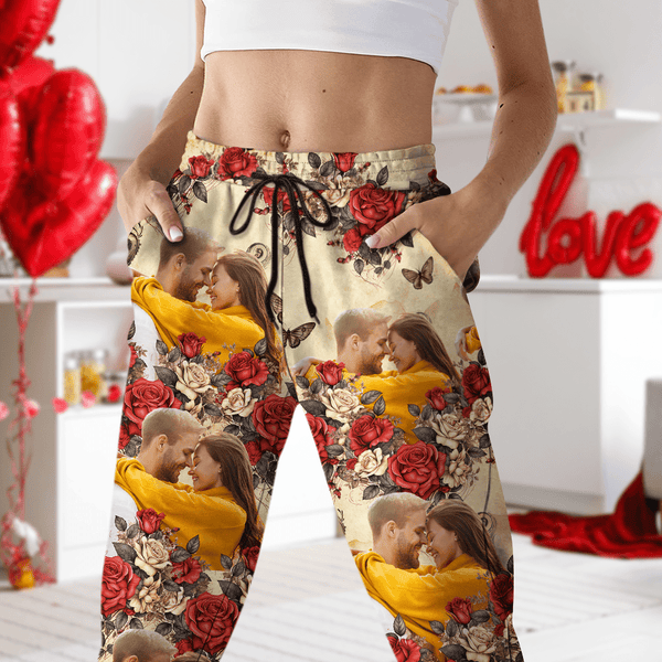 Custom Photo Vintage Butterfly Roses Couple Sweatpants Gift For Valent ...