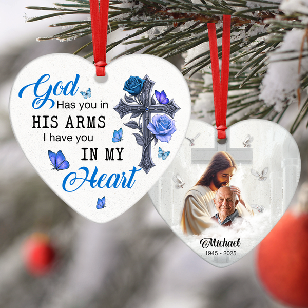 Custom Photo Safe In The Arms Of Jesus Memorial Heart Shaped Ceramic ...
